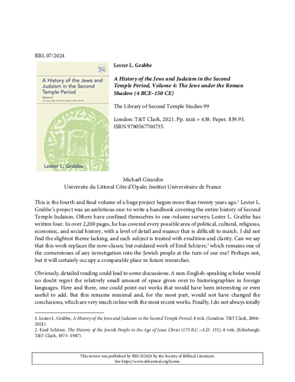 (PDF) Review of : Lester L. GRABBE, A History of the Jews and Judaism ...