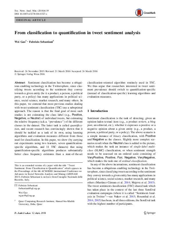 (PDF) From classification to quantification in tweet sentiment analysis