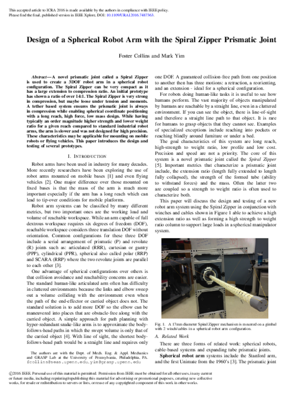 (PDF) Design of a spherical robot arm with the Spiral Zipper prismatic ...