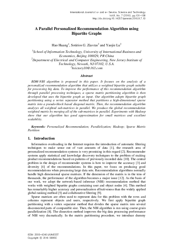 (PDF) A Parallel Personalized Recommendation Algorithm Using Bipartite Graphs