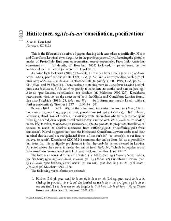 (PDF) Bomhard - Hittite (acc. sg.) le-la-an ‘conciliation, pacification’ (2024)