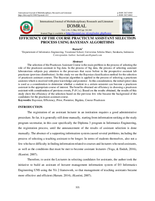 (PDF) Efficiency of the Course Practicum Assistant Selection Process Using Bayesian Algorithms