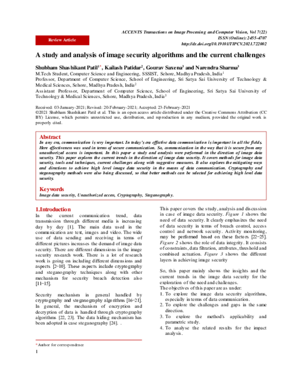 (PDF) A study and analysis of image security algorithms and the current challenges