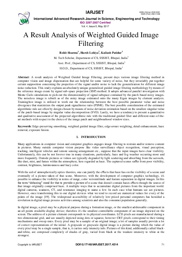 (PDF) A Result Analysis of Weighted Guided Image Filtering | Kailash Patidar - Academia.edu