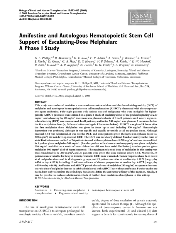 (PDF) Amifostine and autologous hematopoietic stem cell support of ...