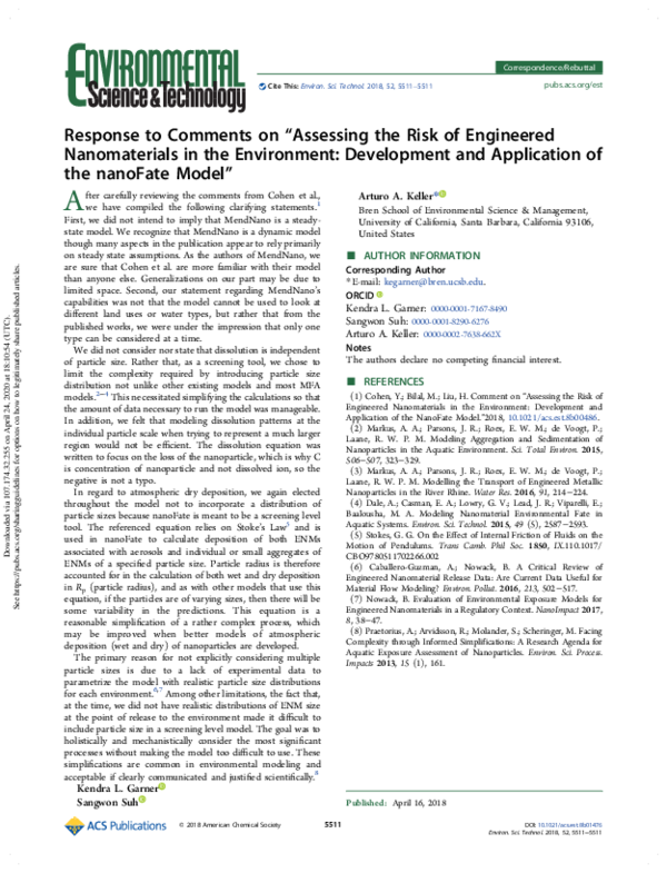 (PDF) Response to Comments on “Assessing the Risk of Engineered ...