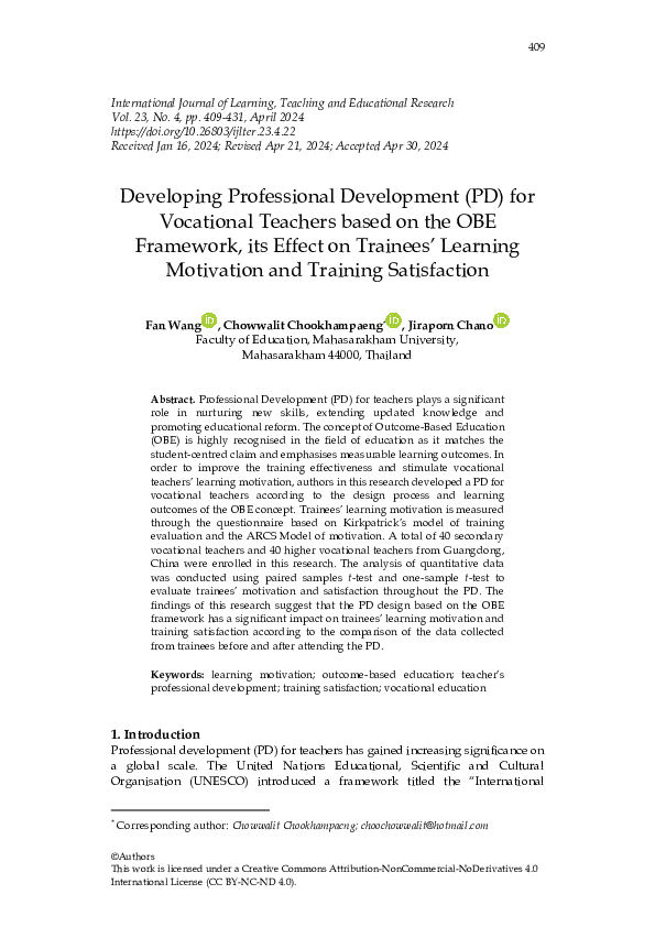 (PDF) Developing professional development for vocational teachers based on the OBE framework and ...
