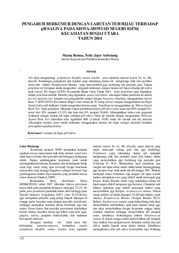 (PDF) PENGARUH BERKUMUR DENGAN LARUTAN TEH HIJAU TERHADAP pH SALIVA ...
