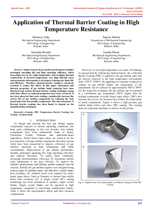 (PDF) Application of Thermal Barrier Coating in High Temperature Resistance
