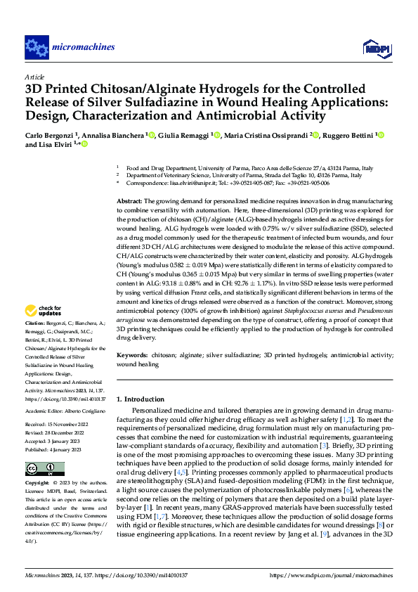 (PDF) 3D Printed Chitosan/Alginate Hydrogels for Wound Healing