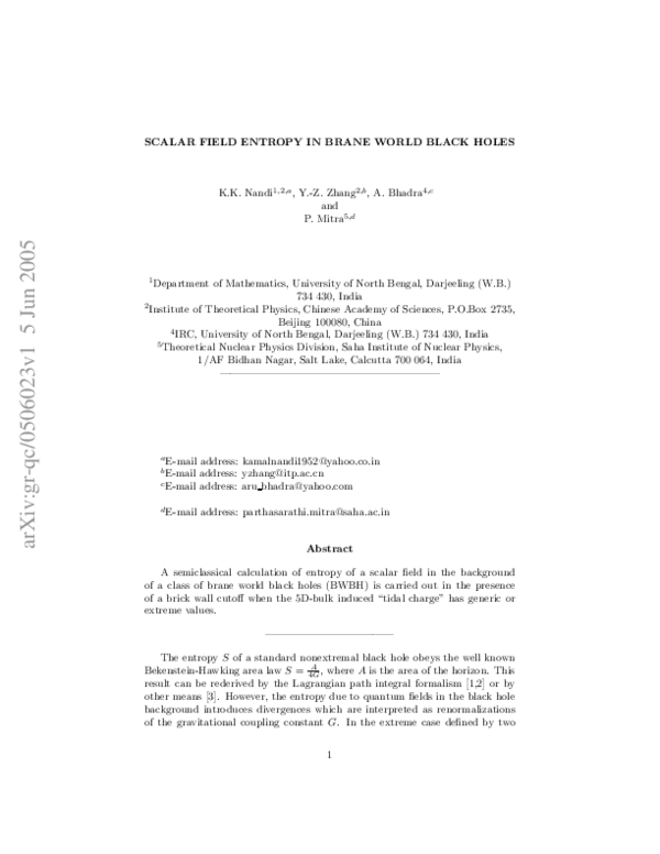 Pdf Scalar Field Entropy In Brane World Black Holes