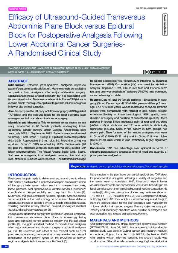 (PDF) Efficacy of Ultrasound-Guided Transversus Abdominis Plane Block ...