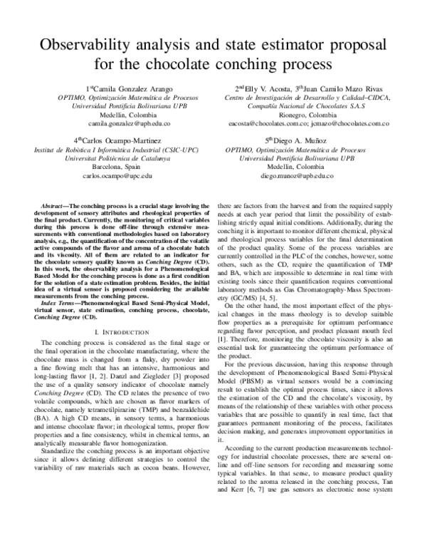 (PDF) Observability analysis and state estimator proposal for the chocolate conching process ...