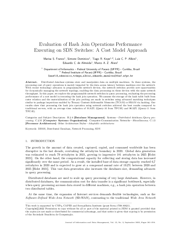 Pdf Evaluation Of Hash Join Operations Performance Executing On Sdn Switches A Cost Model
