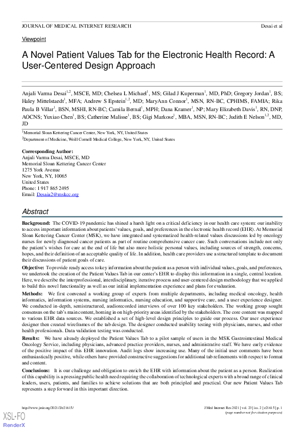 (PDF) A Novel Patient Values Tab for the Electronic Health Record: A ...
