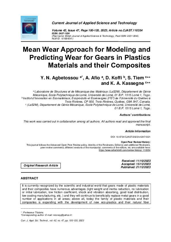 (PDF) Mean Wear Approach for Modeling and Predicting Wear for Gears in Plastics Materials and ...