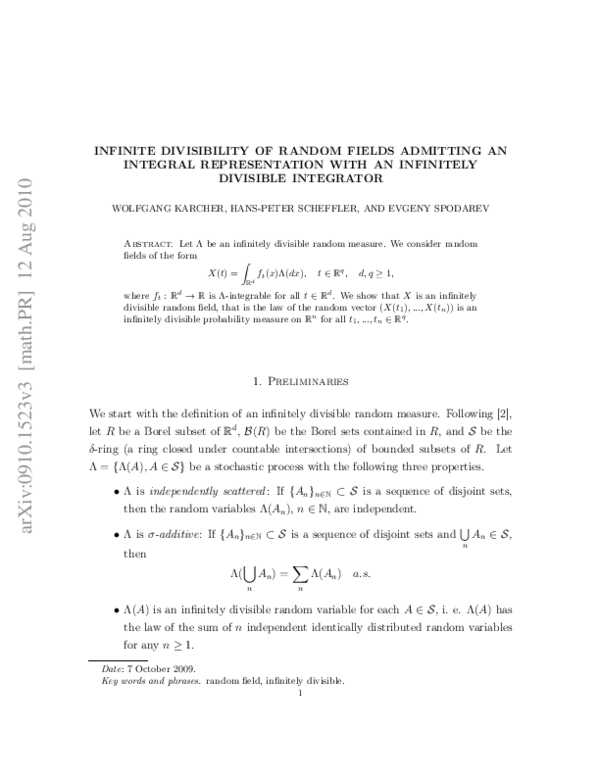(PDF) Infinite divisibility of random fields admitting an integral ...