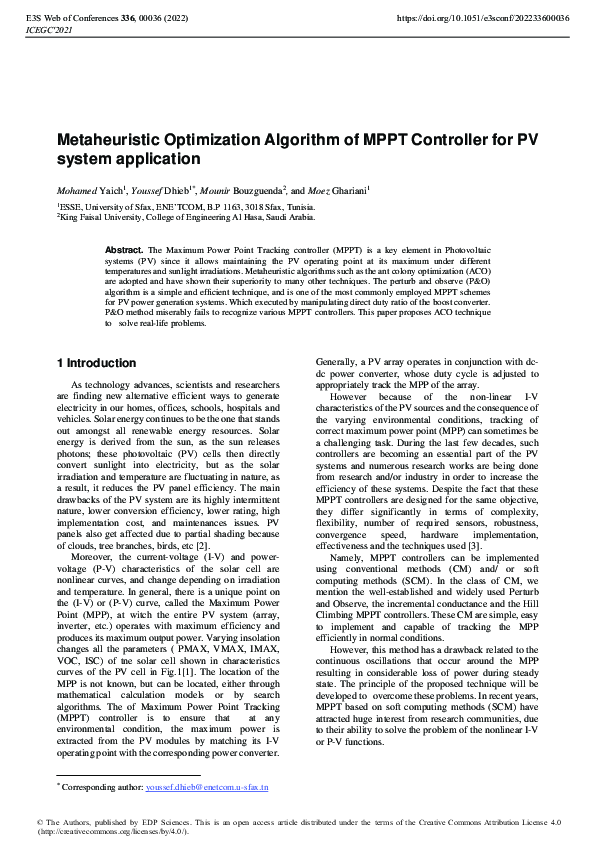 (PDF) Metaheuristic Optimization Algorithm of MPPT Controller for PV system application
