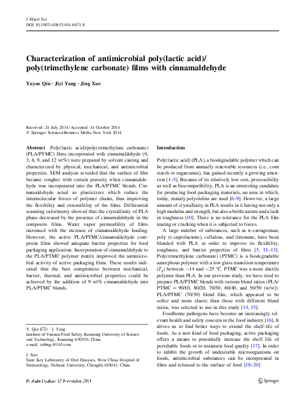 (PDF) Characterization of antimicrobial polylactic acid based films