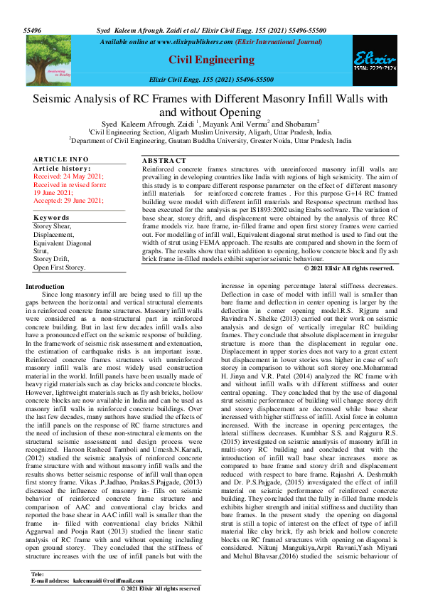 (PDF) Seismic Analysis of RC Frames with Different Masonry Infill Walls with and without Opening