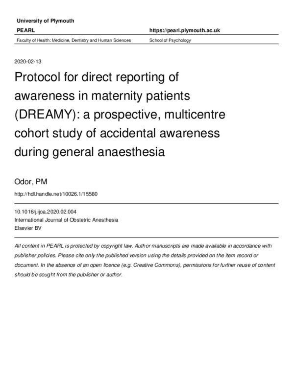 (PDF) Protocol for direct reporting of awareness in maternity patients ...