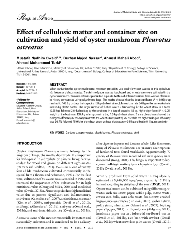 (PDF) Effect of cellulosic matter and container size on cultivation and yield of oyster mushroom ...