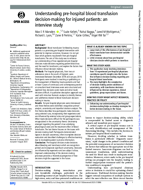 (PDF) Pre-hospital Blood Transfusion Decisions in Trauma Care