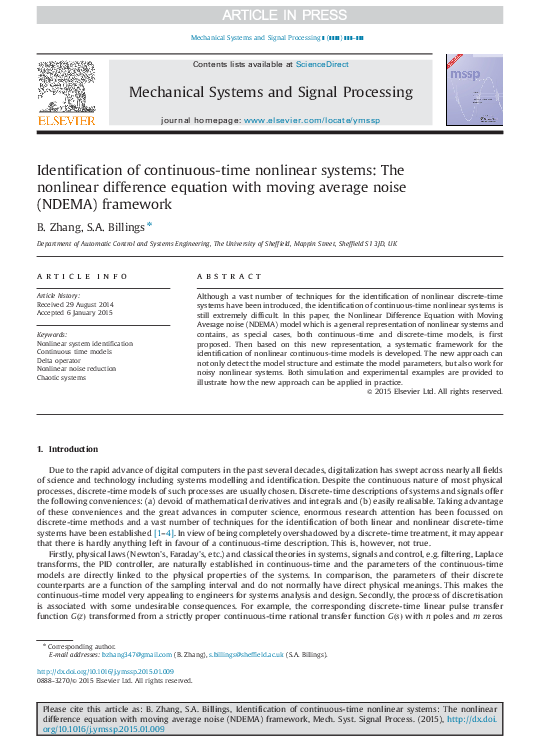 (PDF) Identification of continuous‐time nonlinear systems by using a ...