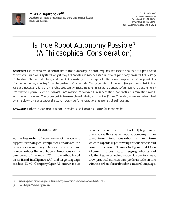 (PDF) Is True Robot Autonomy Possible? (A Philosophical Consideration)