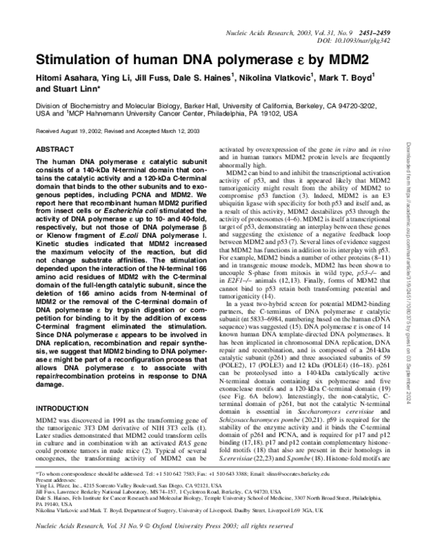 (PDF) Stimulation of human DNA polymerase epsilon by MDM2