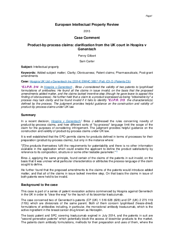 (PDF) Product-by-process claims: clarification from the UK court in Hospira v Genentech