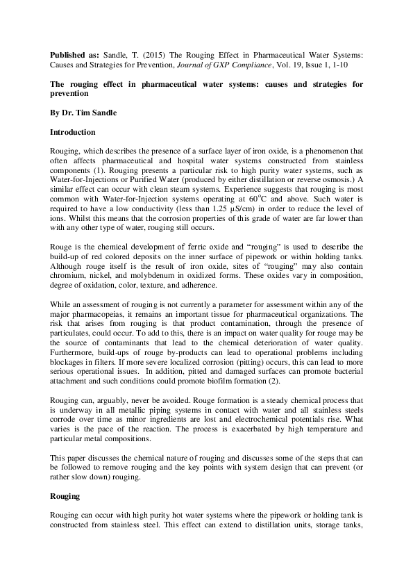 (PDF) The Rouging Effect in Pharmaceutical Water Systems: Causes and ...