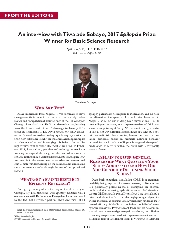 (PDF) An interview with Tiwalade Sobayo, 2017 Epilepsia Prize Winner for Basic Science Research
