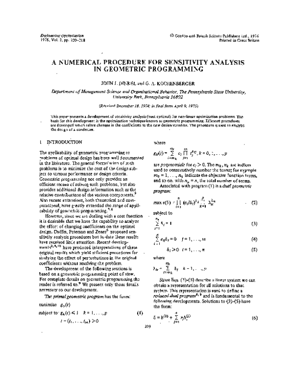(PDF) A Numerical Procedure for Sensitivity Analysis in Geometric Programming