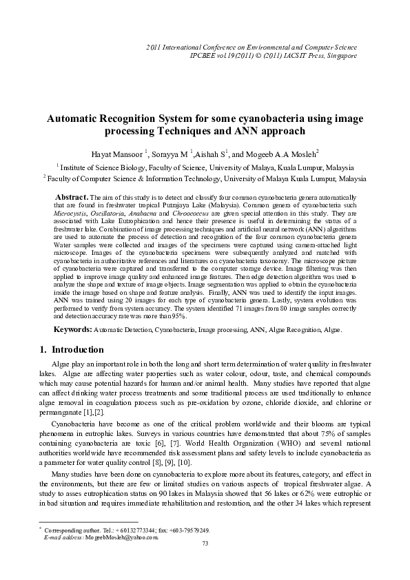 (PDF) Automatic Recognition System for some cyanobacteria using image processing Techniques and ...