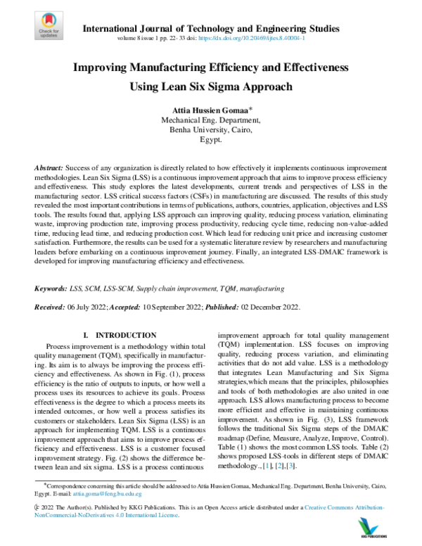 (PDF) Improving Manufacturing Efficiency and Effectiveness Using Lean Six Sigma Approach