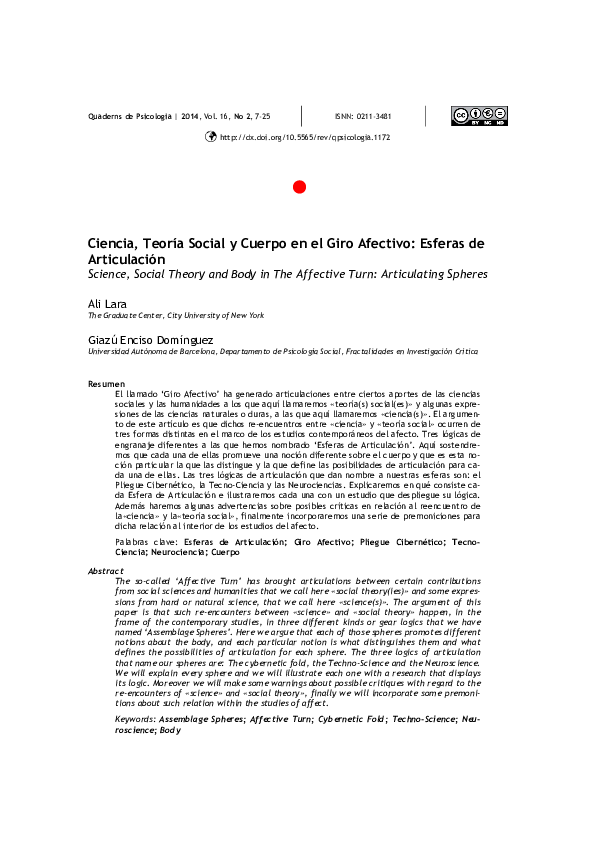 (PDF) Ciencia, Teoría Social y Cuerpo en el Giro Afectivo: Esferas de ...
