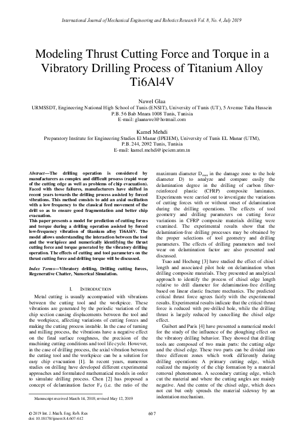 (PDF) Modeling Thrust Cutting Force and Torque in a Vibratory Drilling ...