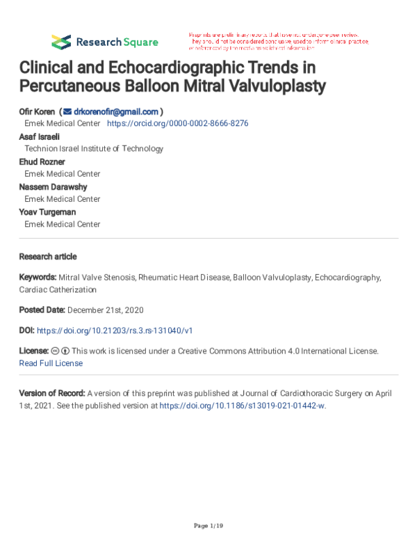 (PDF) Clinical and echocardiographic trends in percutaneous balloon ...