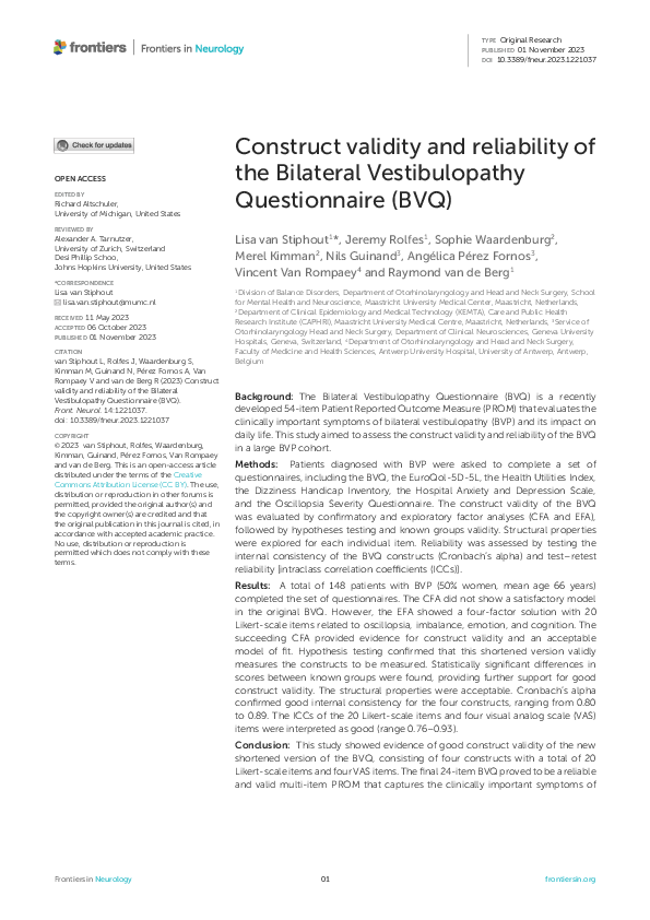 (PDF) Construct validity and reliability of the Bilateral Vestibulopathy Questionnaire (BVQ)