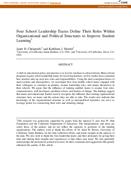 (PDF) Four School Leadership Teams Define Their Roles Within ...