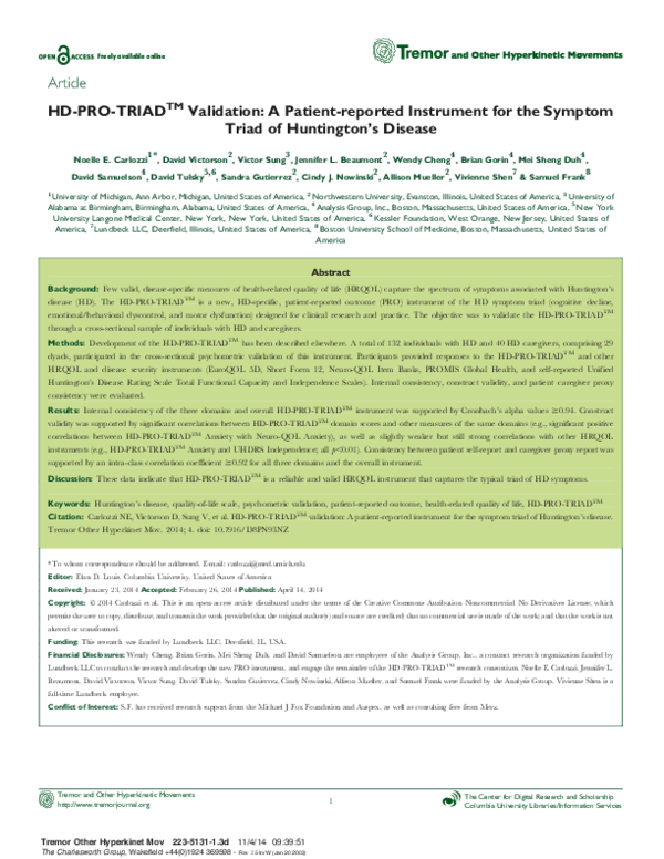 (PDF) HD-PRO-TRIAD™ Validation: A Patient-reported Instrument for the ...