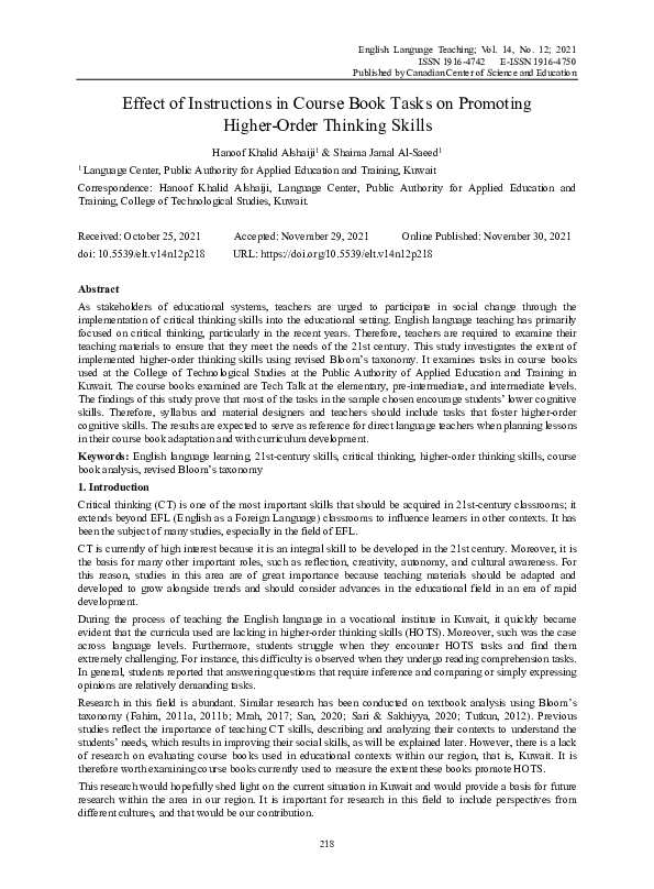 (PDF) Effect of Instructions in Course Book Tasks on Promoting Higher-Order Thinking Skills