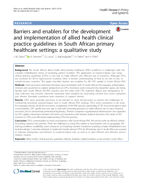 (PDF) Barriers and enablers for the development and implementation of allied health clinical ...