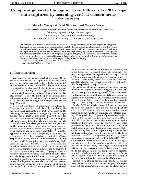 Pdf Computer Generated Hologram From Full Parallax 3d Image Data Captured By Scanning Vertical