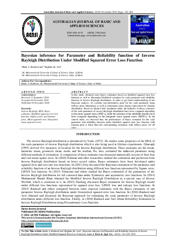 Pdf Bayesian Inference For Parameter And Reliability Function Of Inverse Rayleigh Distribution 