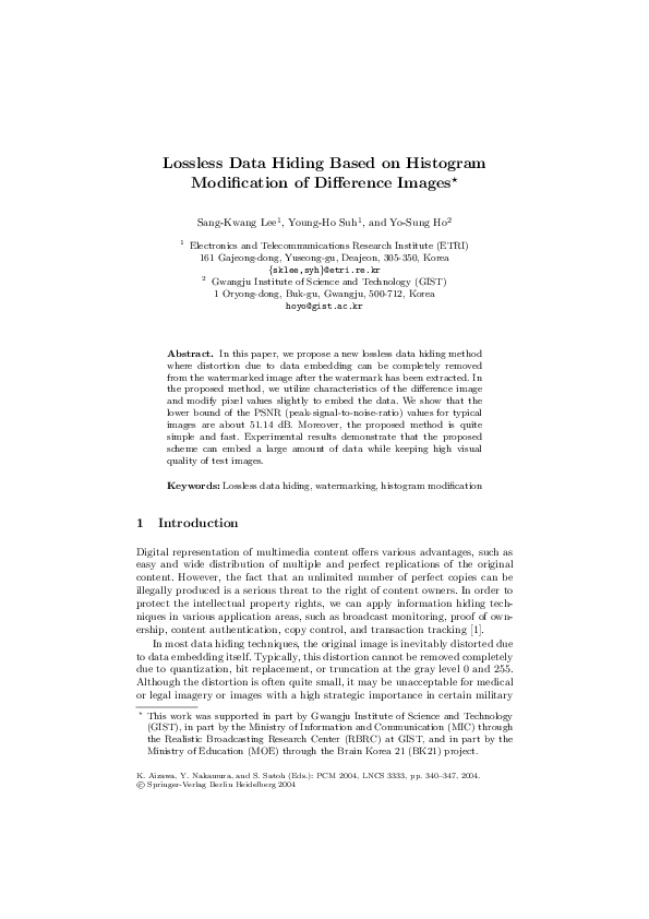 (PDF) Lossless Data Hiding Based on Histogram Modification of Difference Images