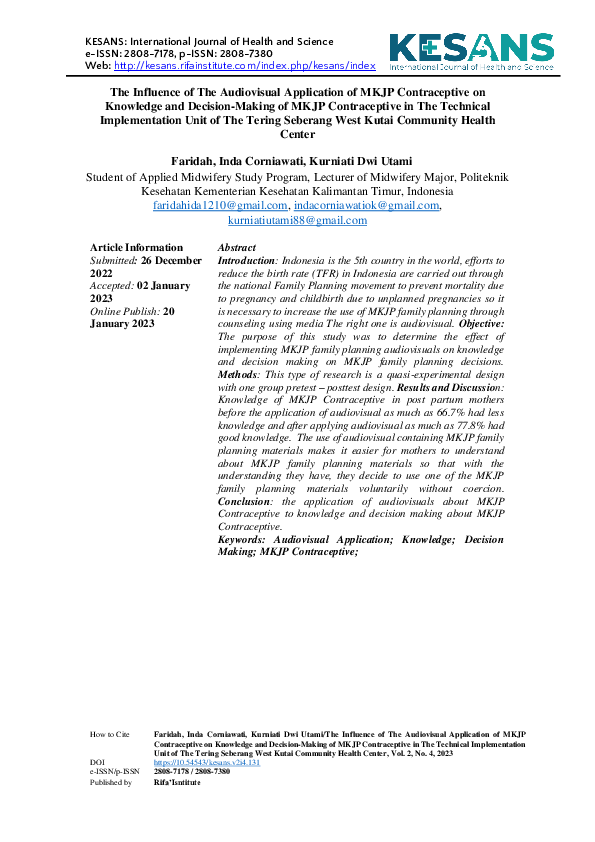 (PDF) The Influence of The Audiovisual Application of MKJP Contraceptive on Knowledge and ...