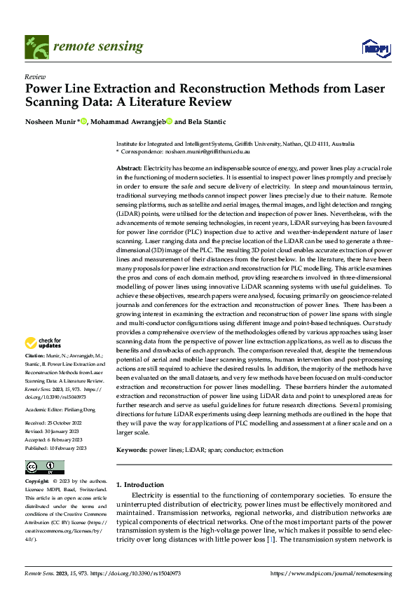 (PDF) Power Line Extraction and Reconstruction Methods from Laser Scanning Data: A Literature Review