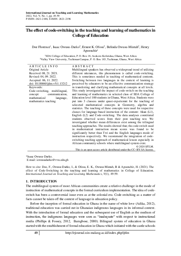 (PDF) The effect of code-switching in the teaching and learning of mathematics in College of ...